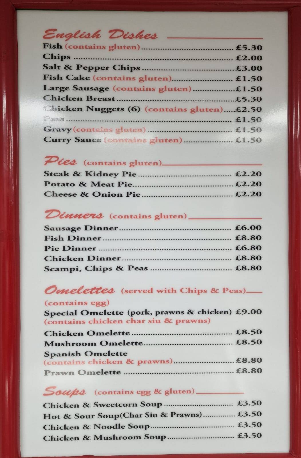 Menu at Seaway Chinese & Fish and Chips Takeaway fast food, Frodsham