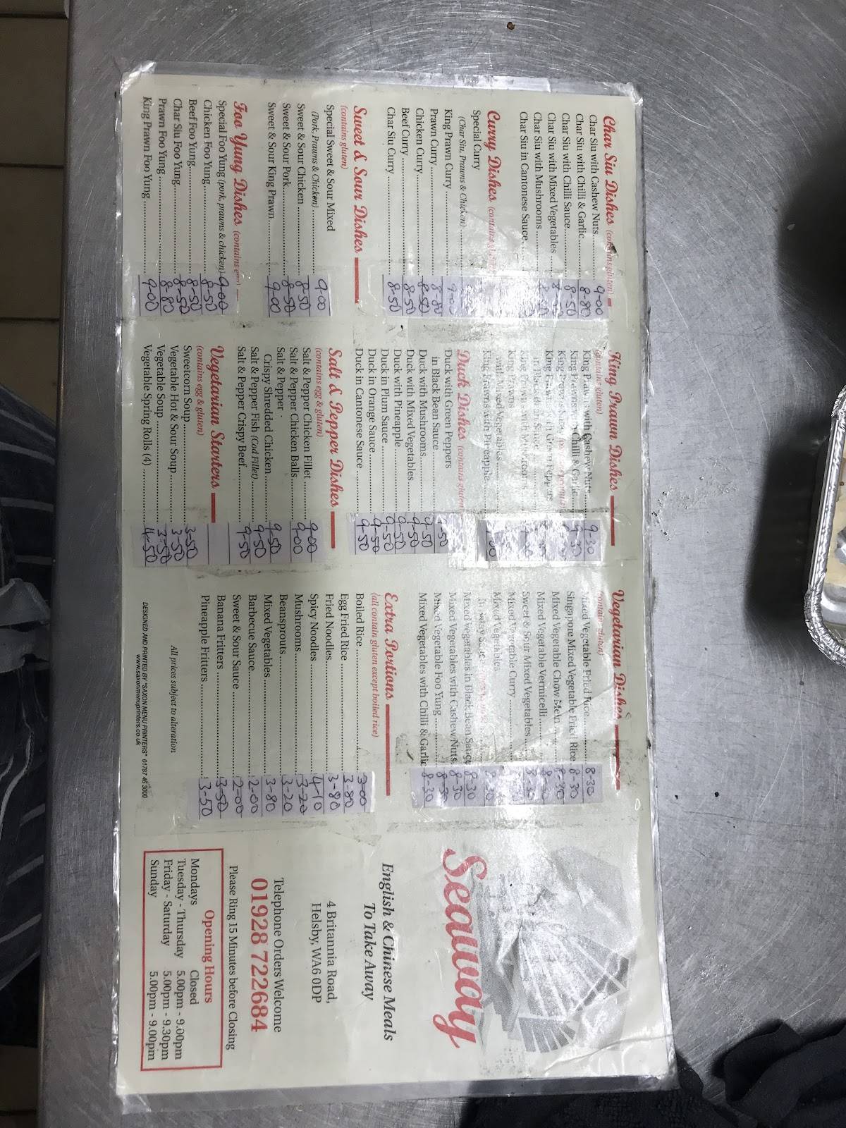 Menu at Seaway Chinese & Fish and Chips Takeaway fast food, Frodsham