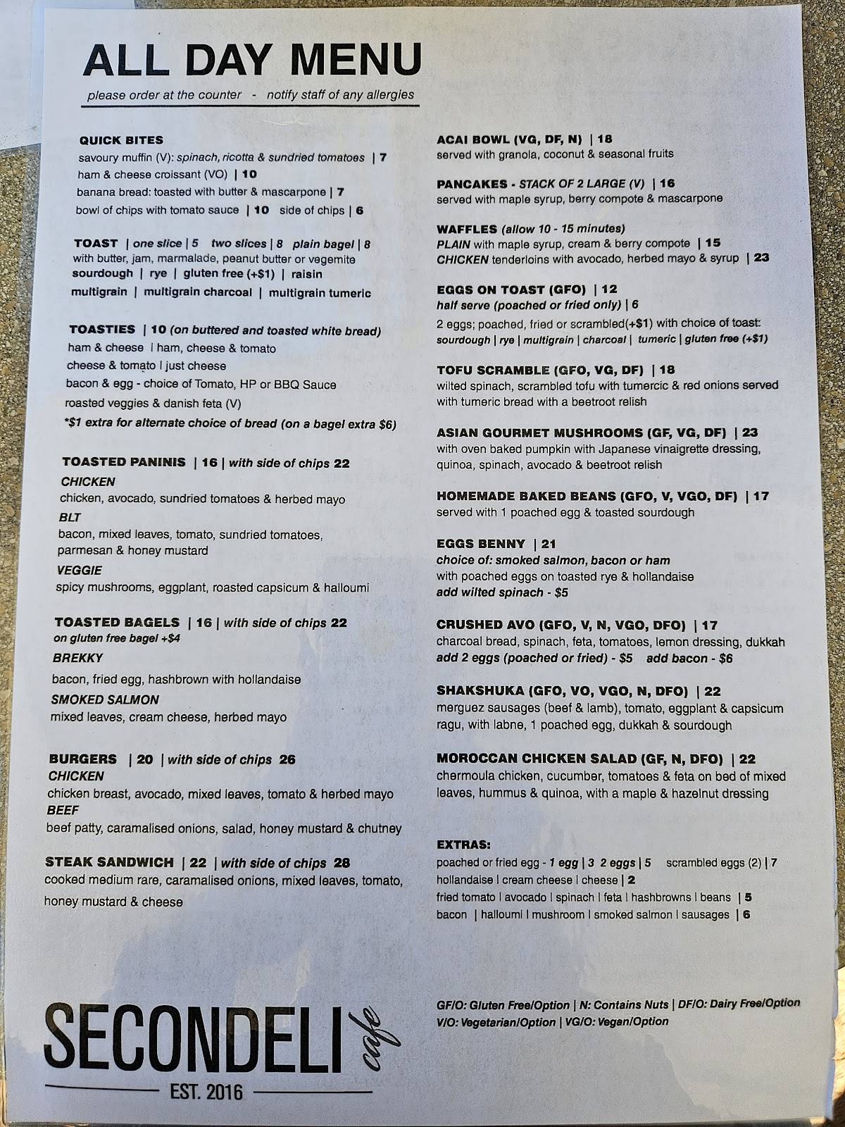 Menu at Secondeli Cafe, Mount Lawley