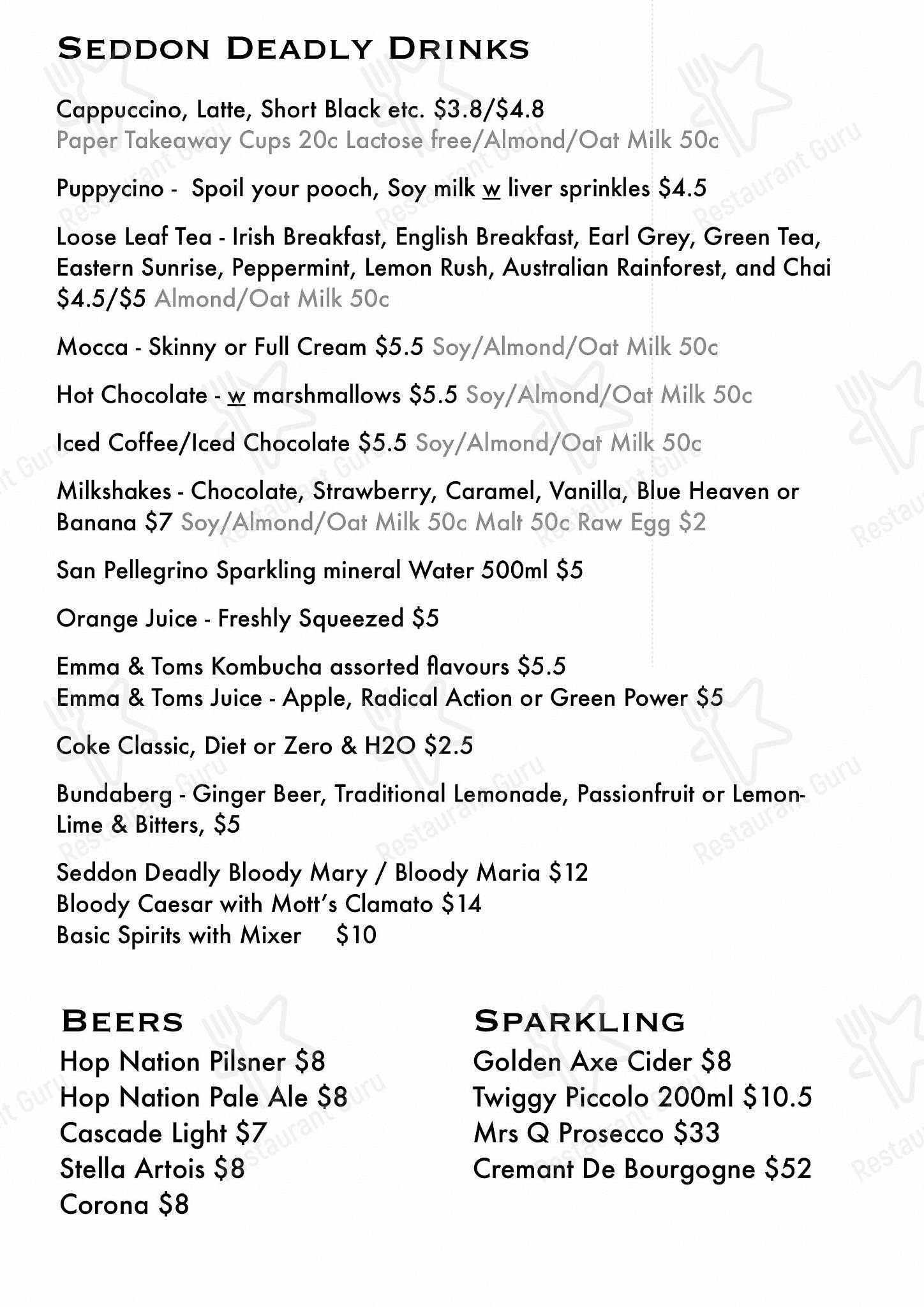 Menu at Seddon Deadly Sins Cafe, Seddon