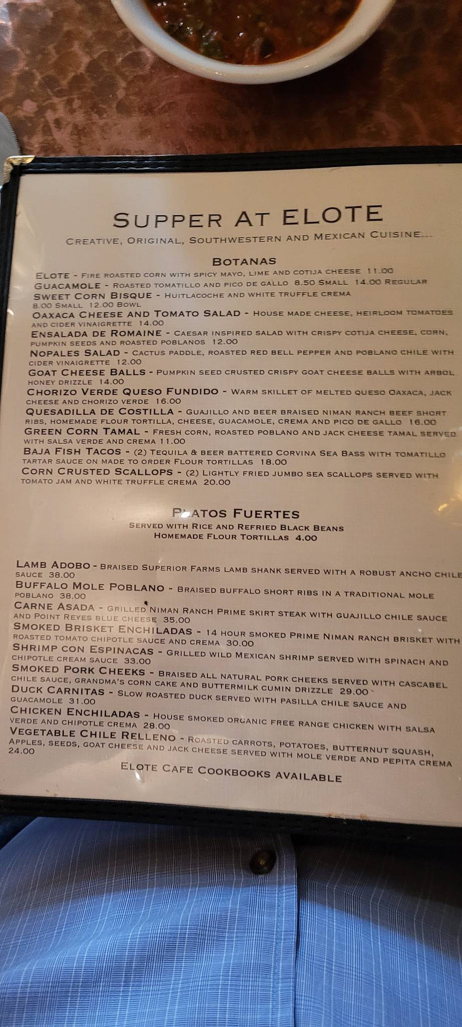 Menu at Elote Cafe, Sedona