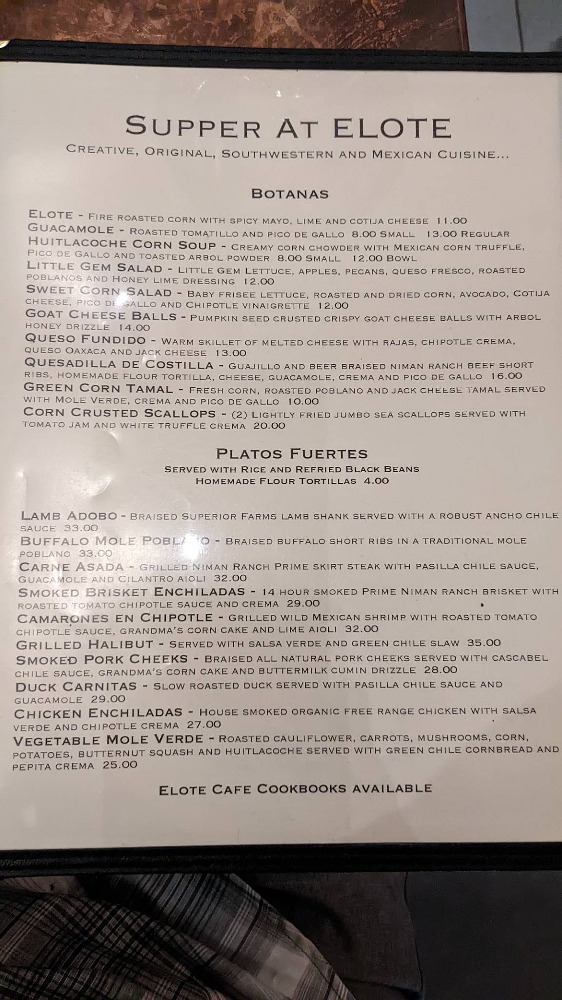 Menu at Elote Cafe, Sedona