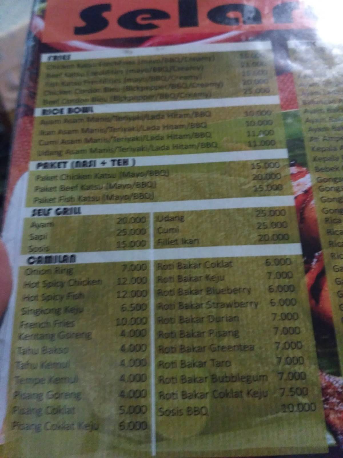 Menu at Selaras Resto restaurant, Semarang, Jl. Mulawarman Raya No.69