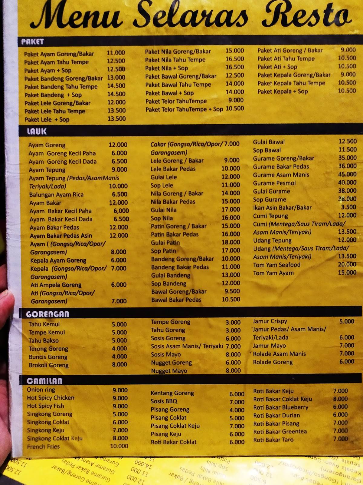 Menu at Selaras Resto restaurant, Semarang, Jl. Mulawarman Raya No.69