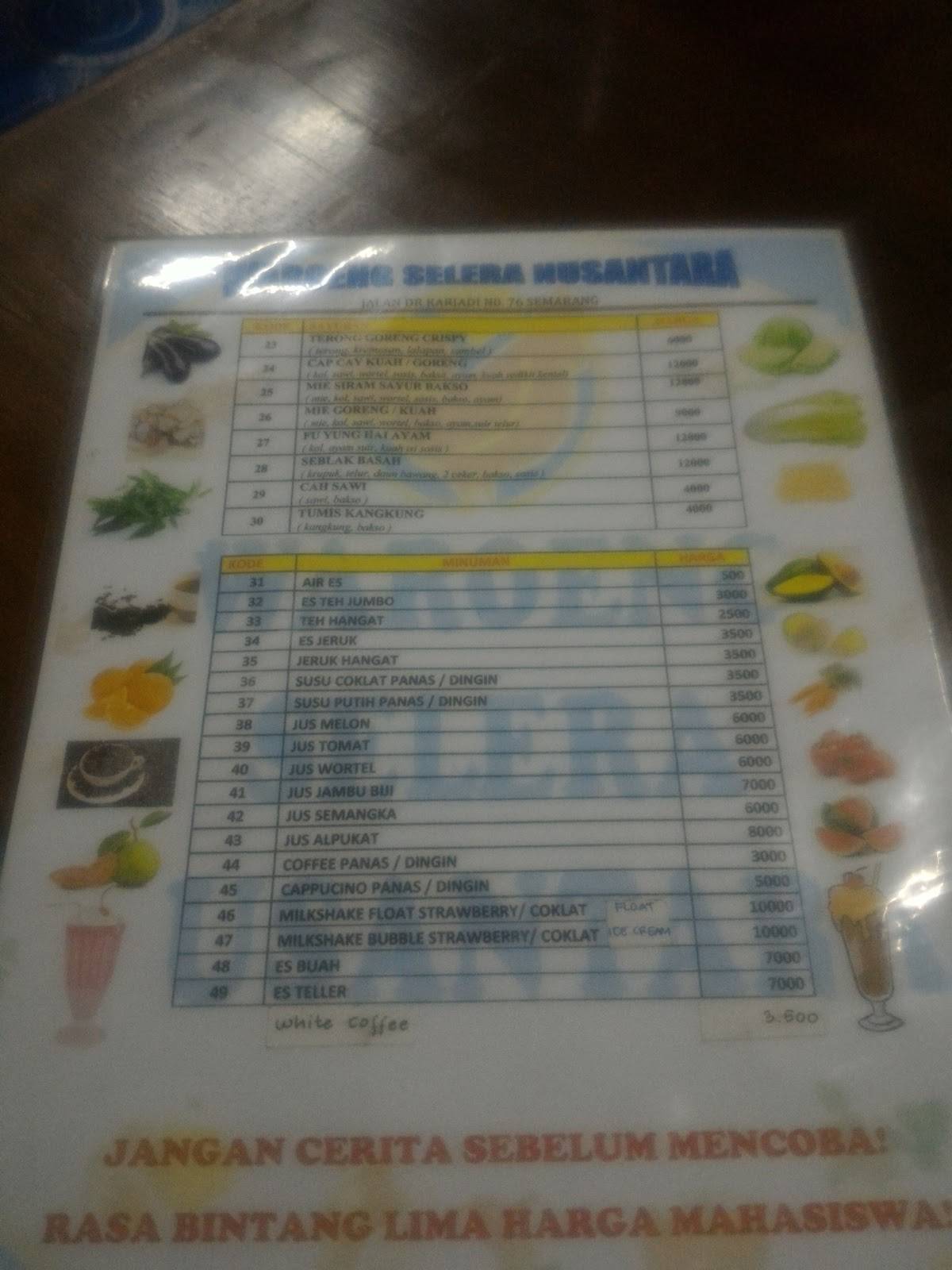 Menu at Selera Nusantara restaurant, Semarang