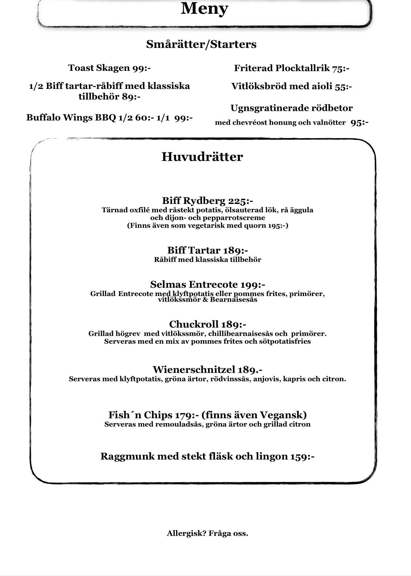 Menu at Selmas krog restaurant, Sundbyberg