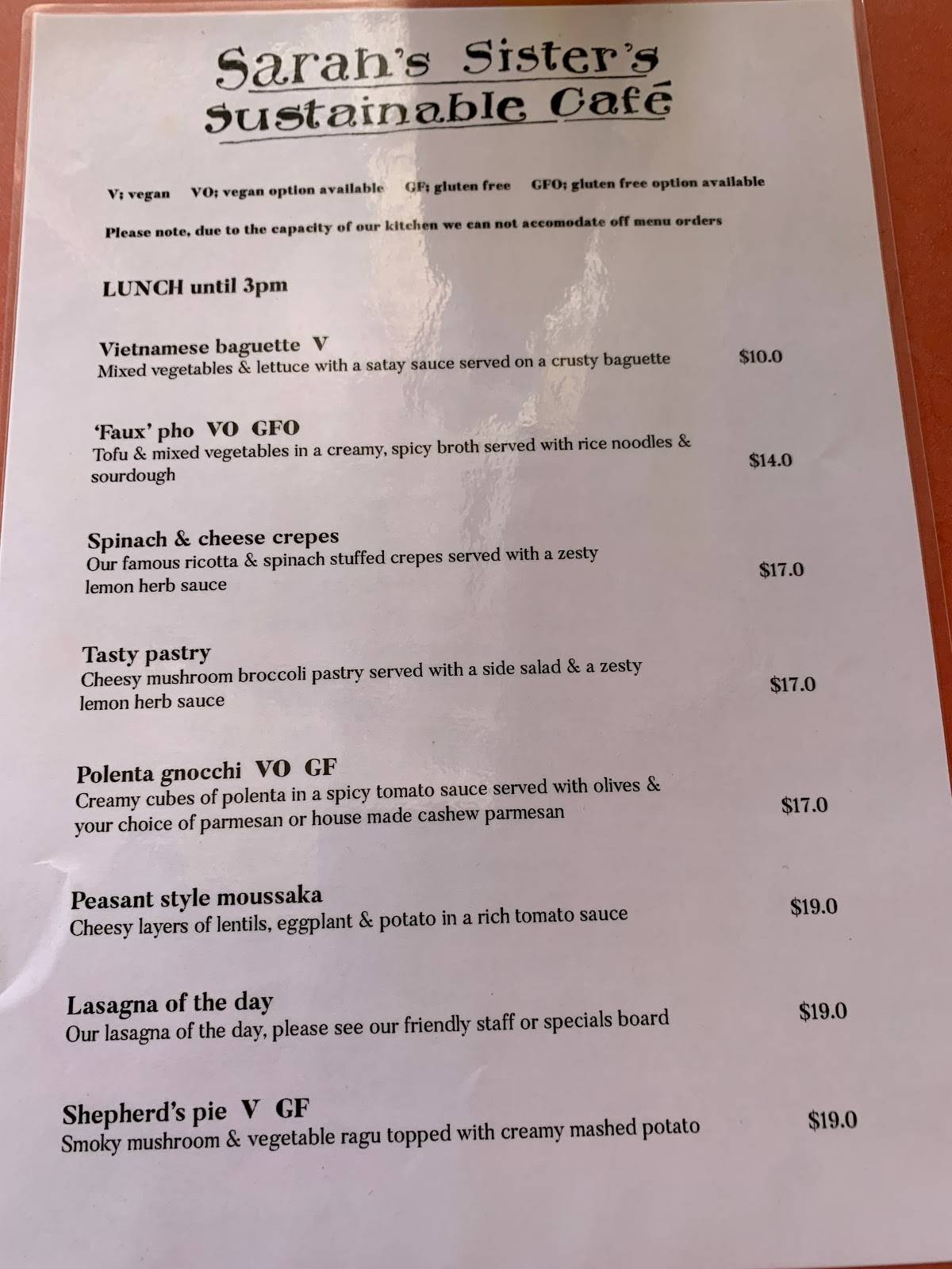 Menu at Sarah's Sister's Sustainable Cafe, Semaphore
