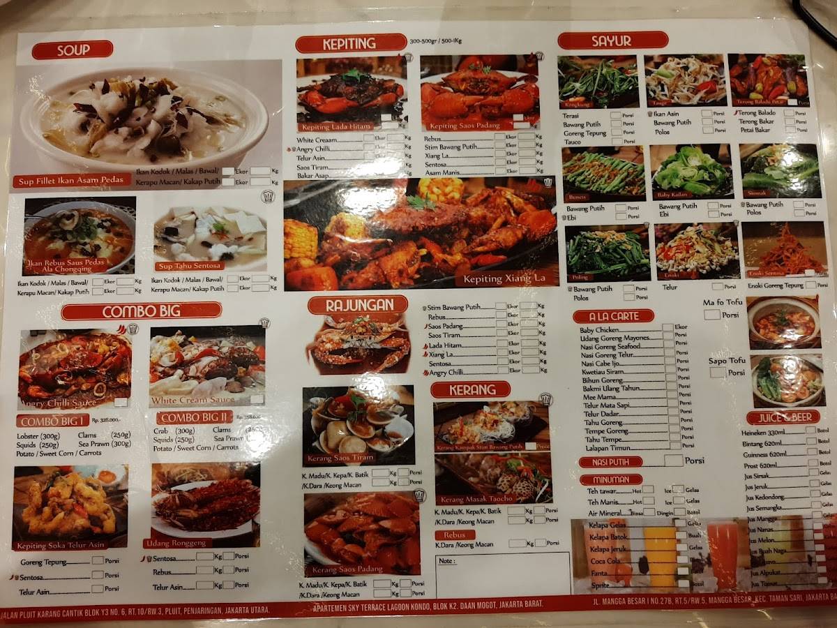 Menu at Sentosa Seafood One Belpark restaurant, South Jakarta
