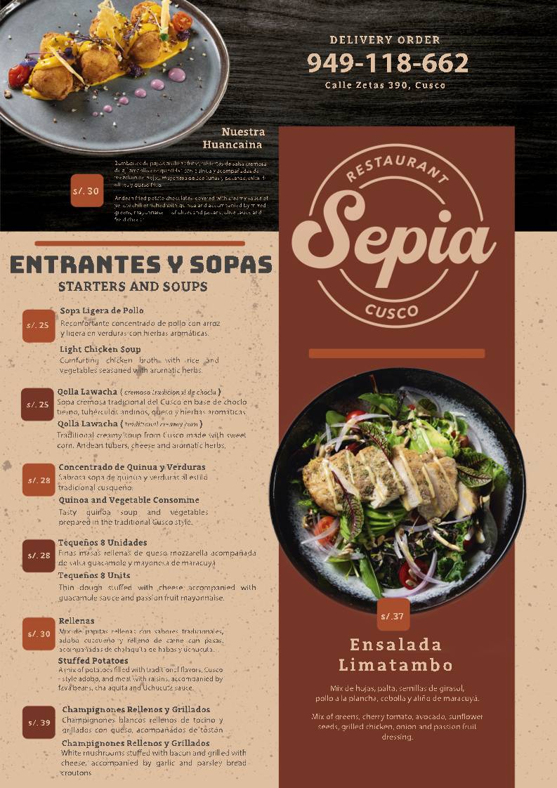 Menu at Sepia Cusco restaurant, Cusco, Zetas 390