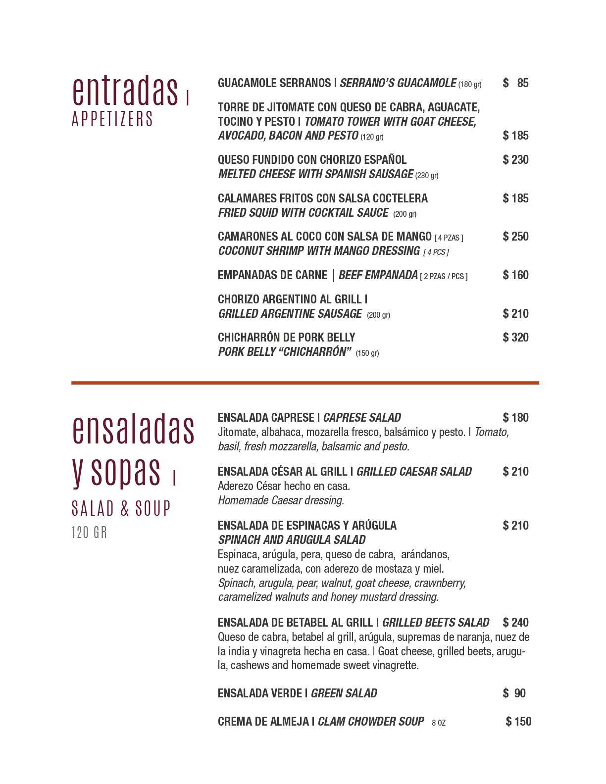 Menu at Serrano's Meat House steakhouse, Puerto Vallarta