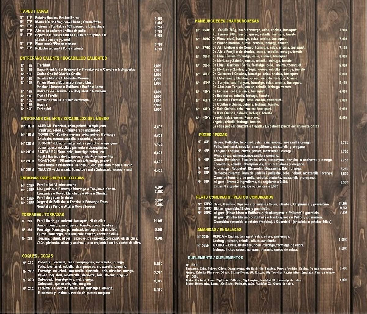 Menu at Seven 7 cafe, Vilanova del Camí