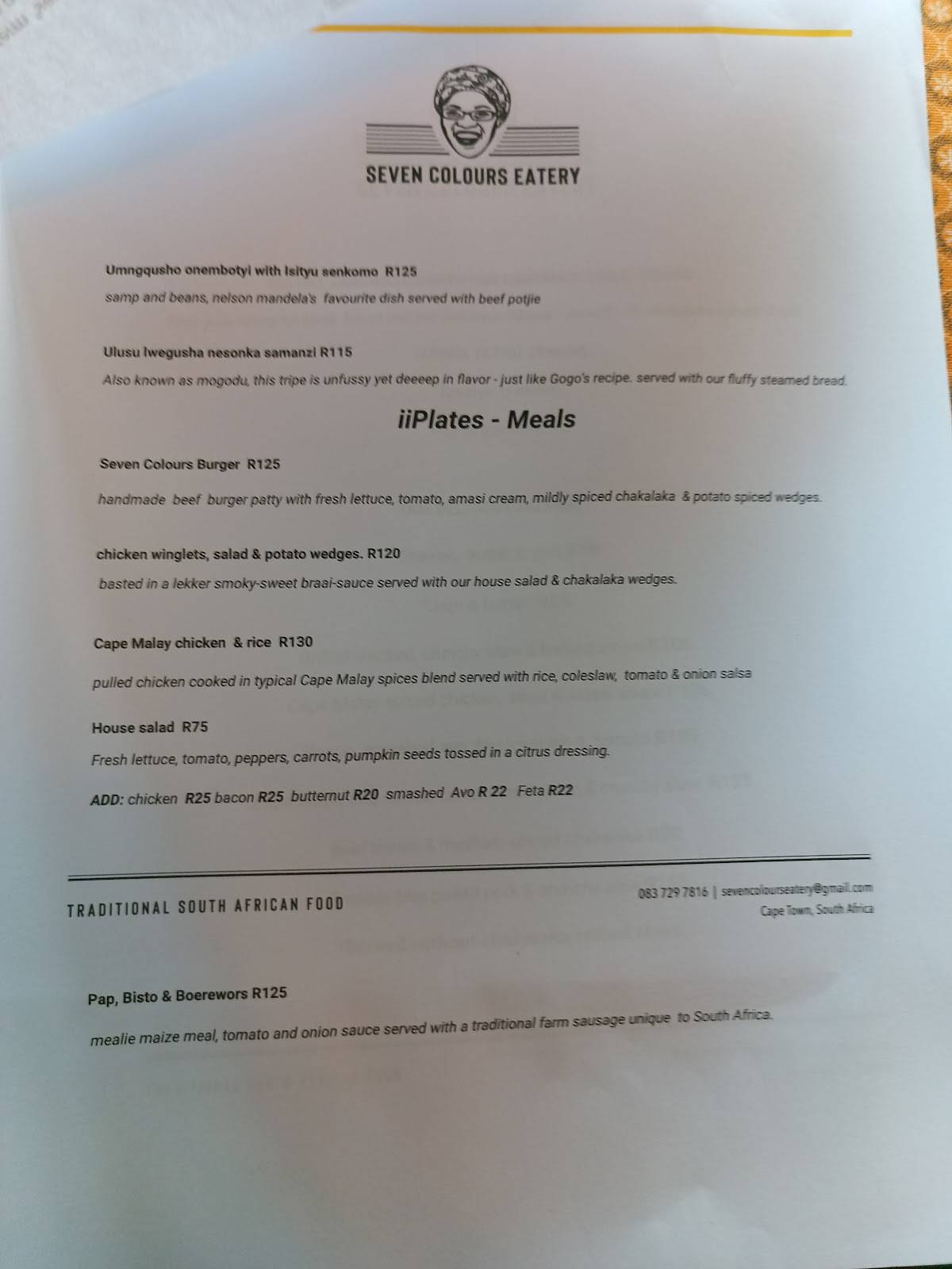 Carta del restaurante Seven Colours Eatery, Ciudad del Cabo