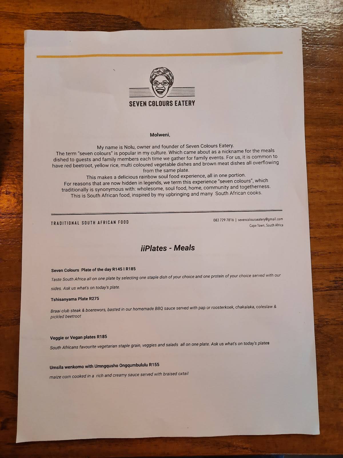 Carta del restaurante Seven Colours Eatery, Ciudad del Cabo