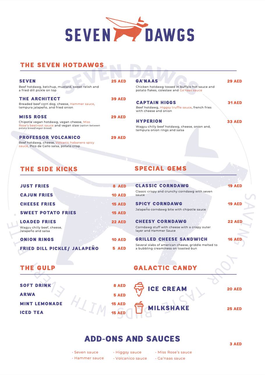 Menu at Seven Dawgs restaurant, Abu Dhabi