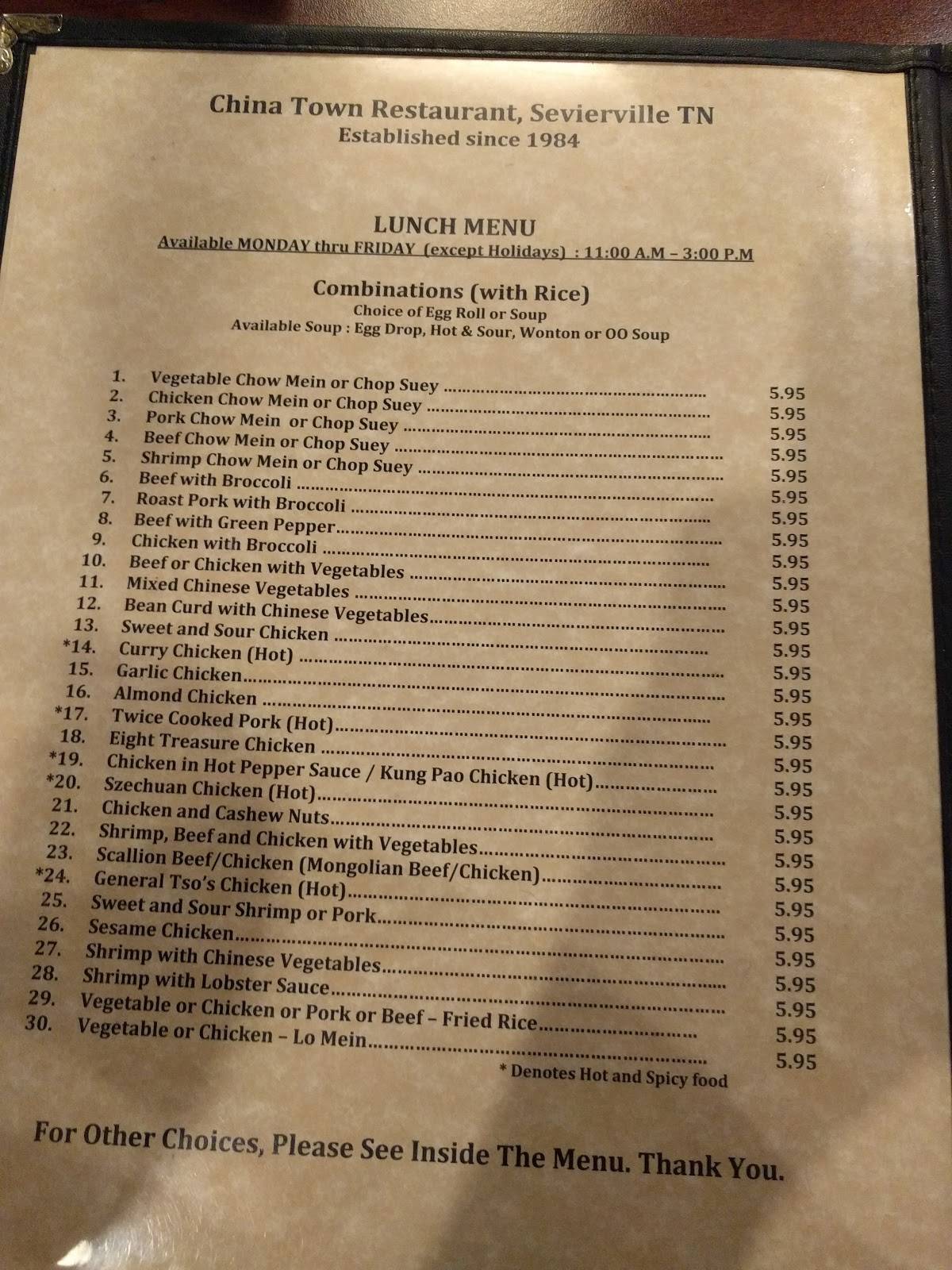 Menu at China Town Restaurant, Sevierville, 525 Parkway