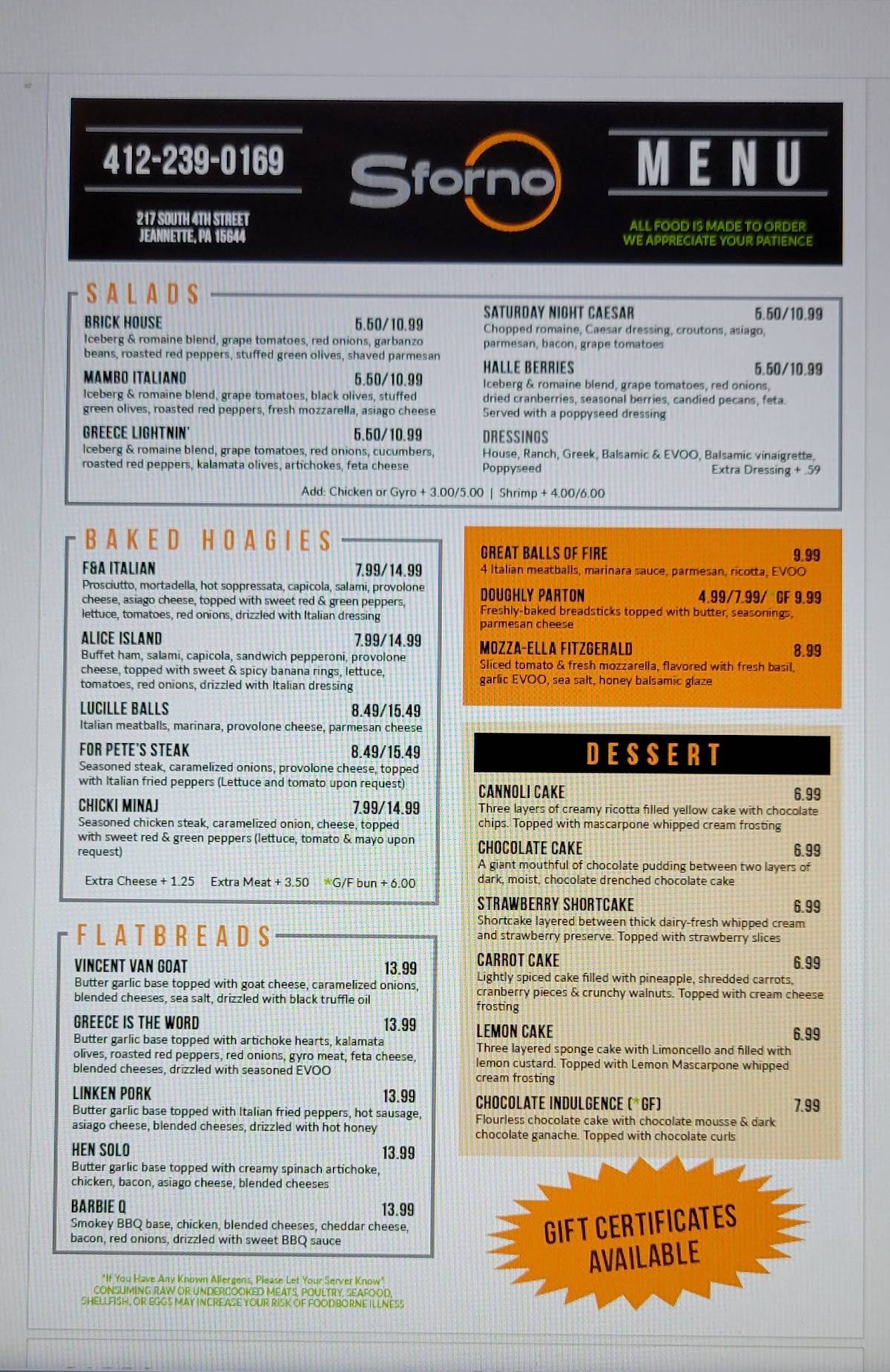 Menu at Sforno pizzeria, Jeannette