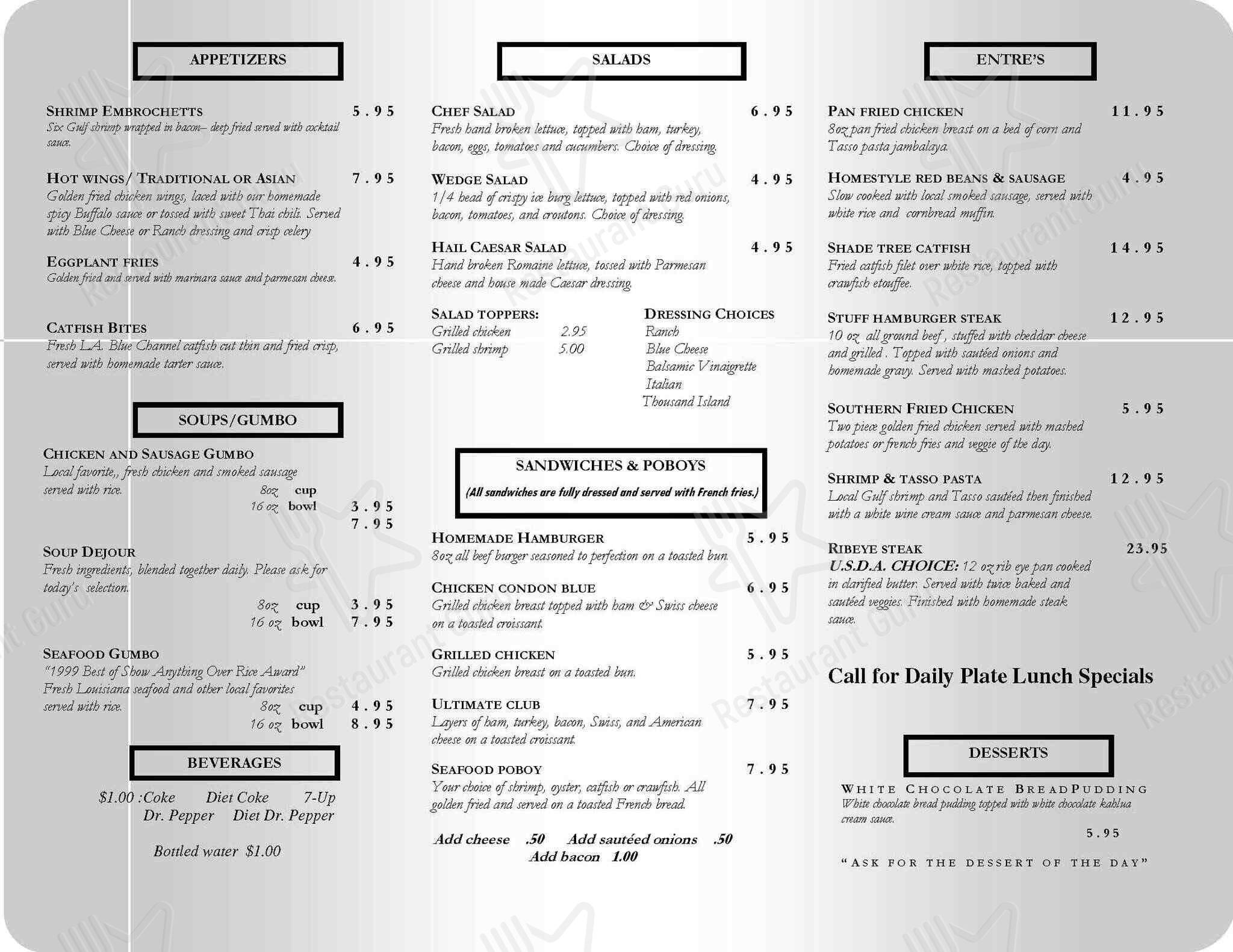 Menu at Shade Tree Cafe, Broussard