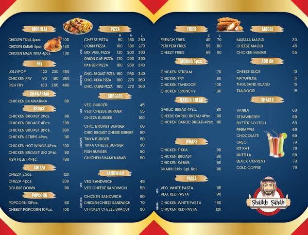Menu at Shaikh Sahab, New Delhi