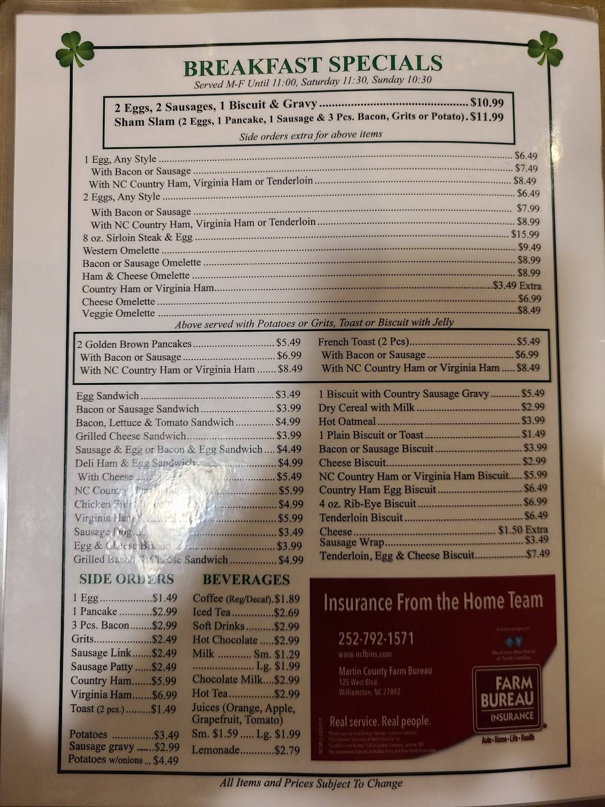 Menu at Shamrock Restaurant, Williamston, 101 West Blvd