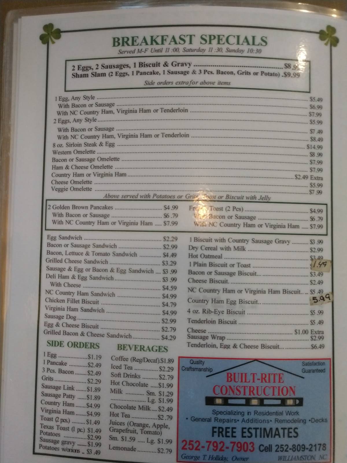 Menu at Shamrock Restaurant, Williamston, 101 West Blvd