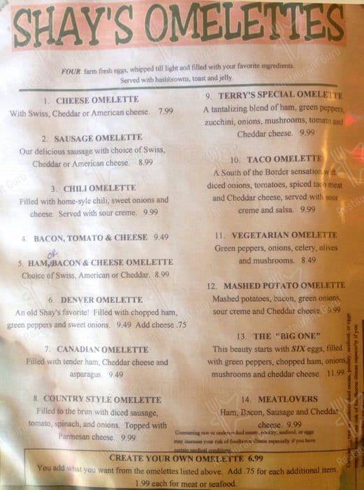 Menu at Shay's Restaurant, Shoreline