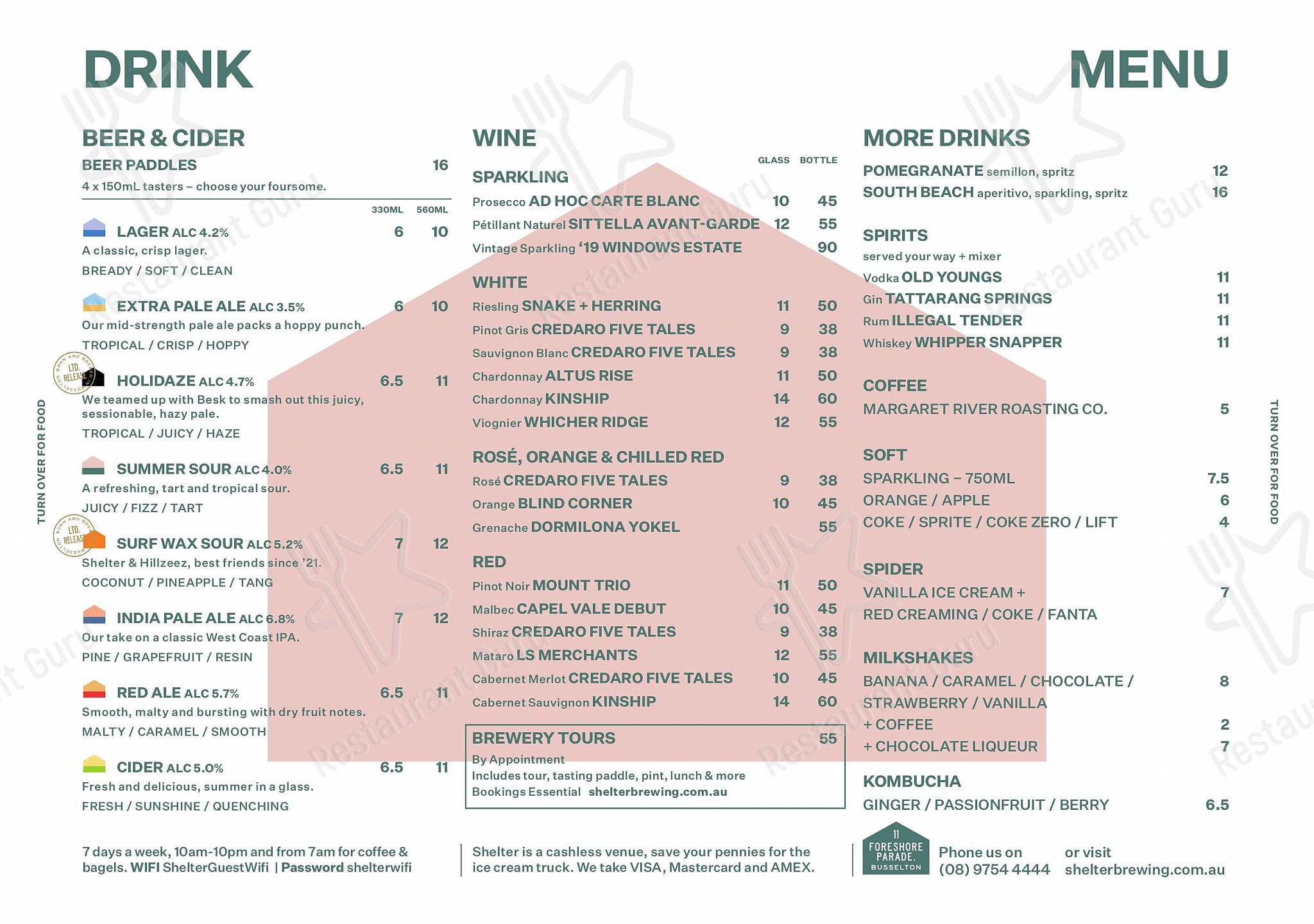 Menu at Shelter Brewing Co. pub & bar, Busselton