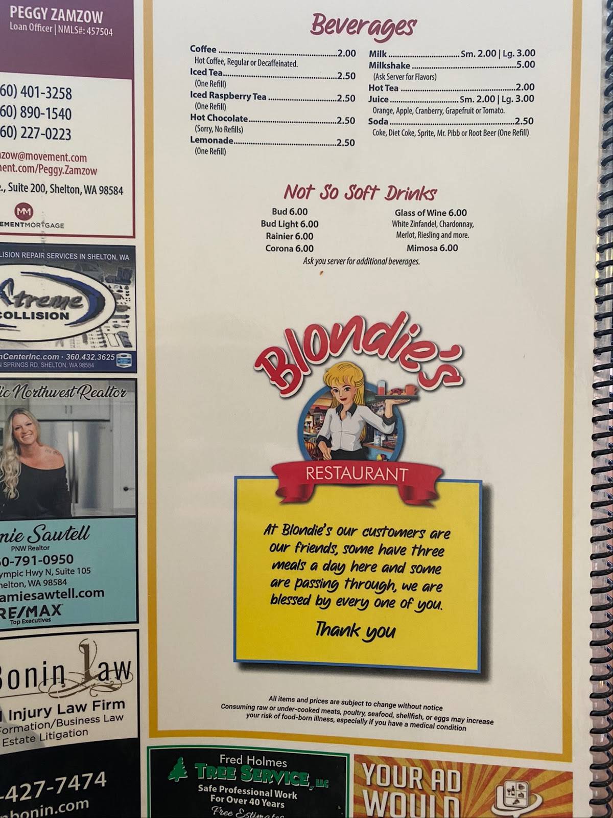Menu at Blondie's Restaurant, Shelton