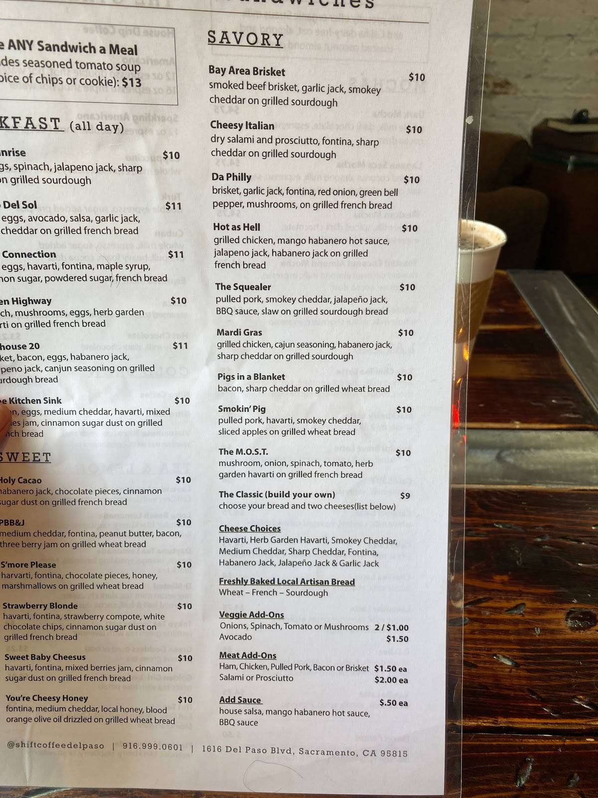 Menu at Shift Coffee House, Sacramento