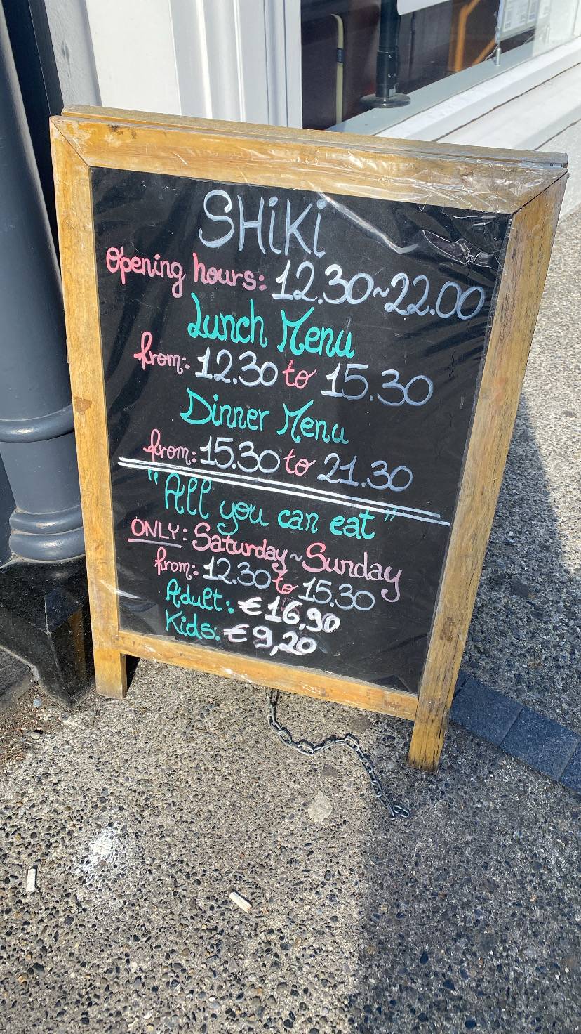 Menu at Shiki restaurant, Waterford
