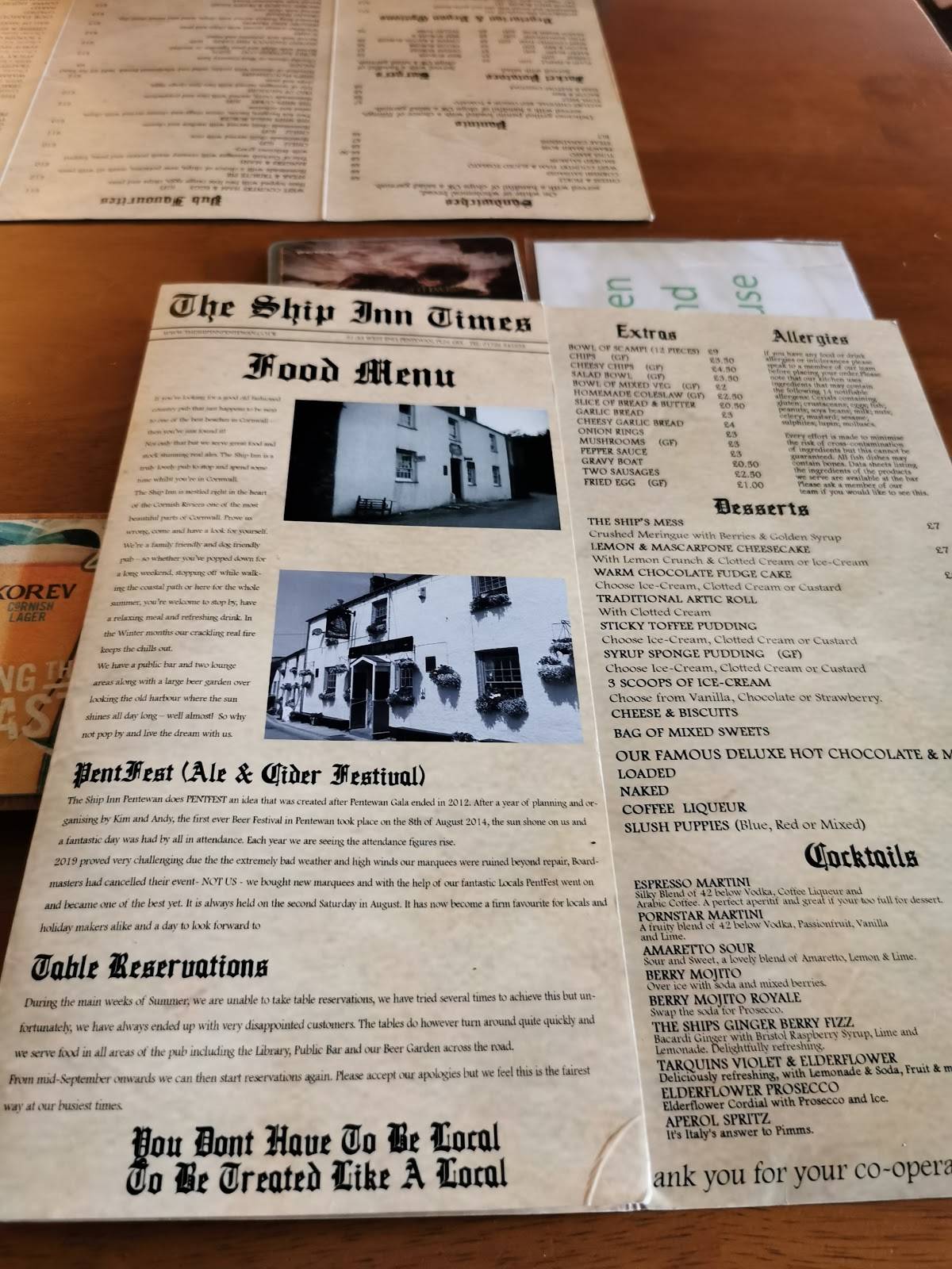 Menu at Ship Inn Pentewan pub & bar, Mevagissey, 31-33 W End