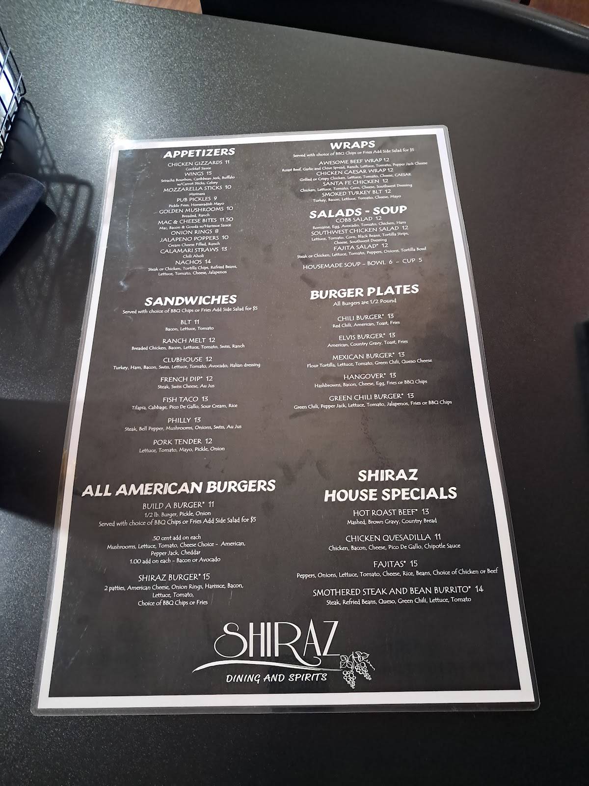Menu at Shiraz restaurant, Goodland