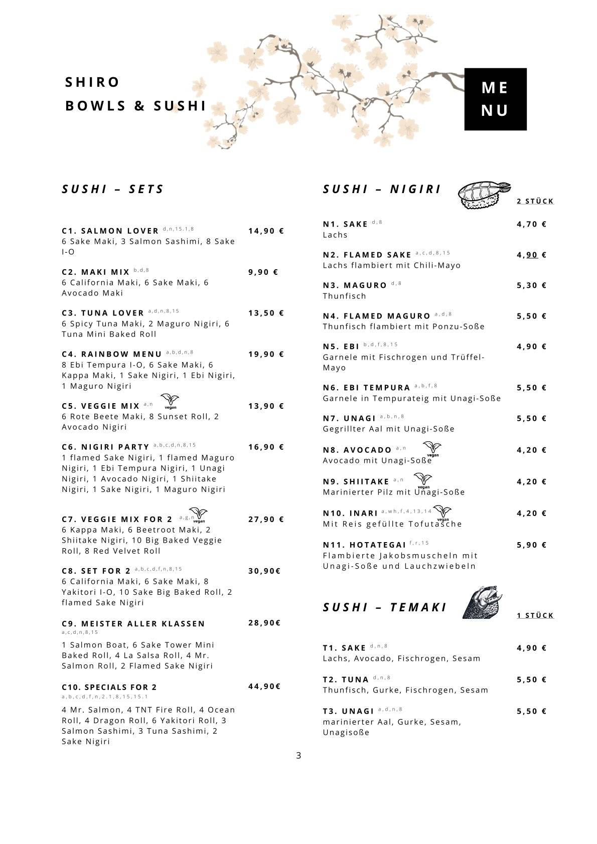Speisekarte von Shiro restaurant, Berlin