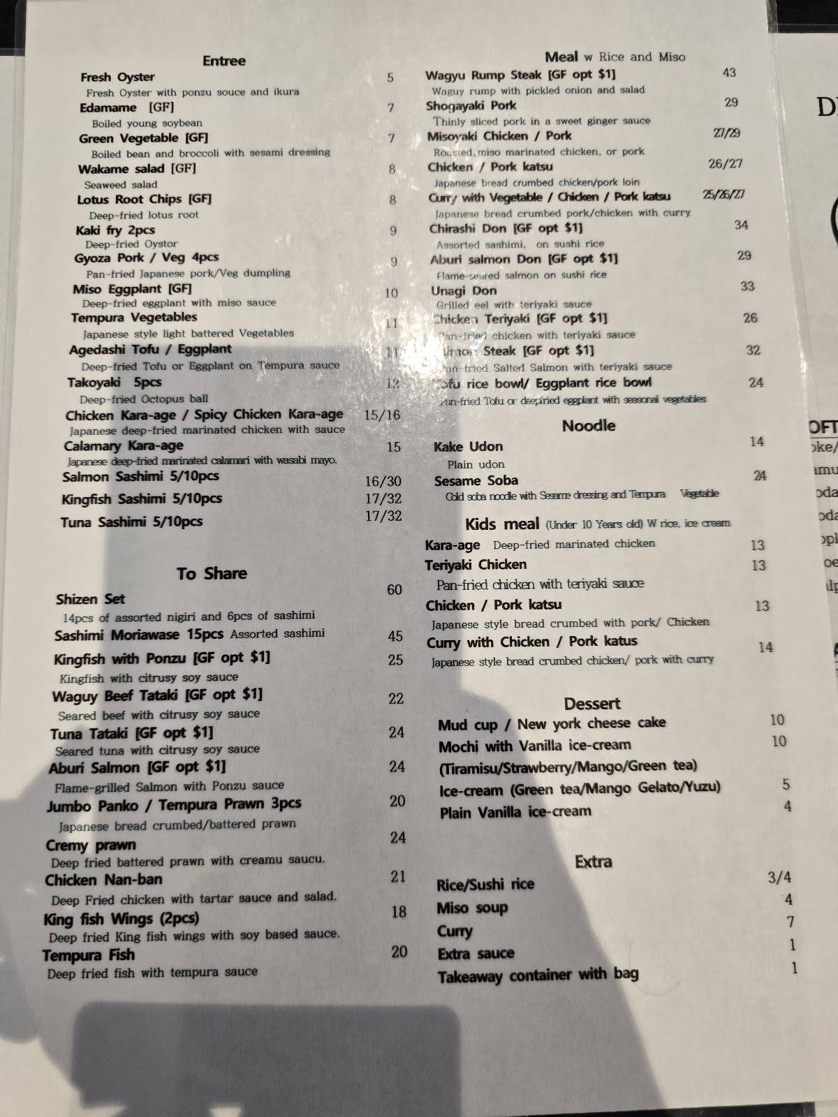 Menu at Shizen Japanese Cuisine restaurant, Camp Hill
