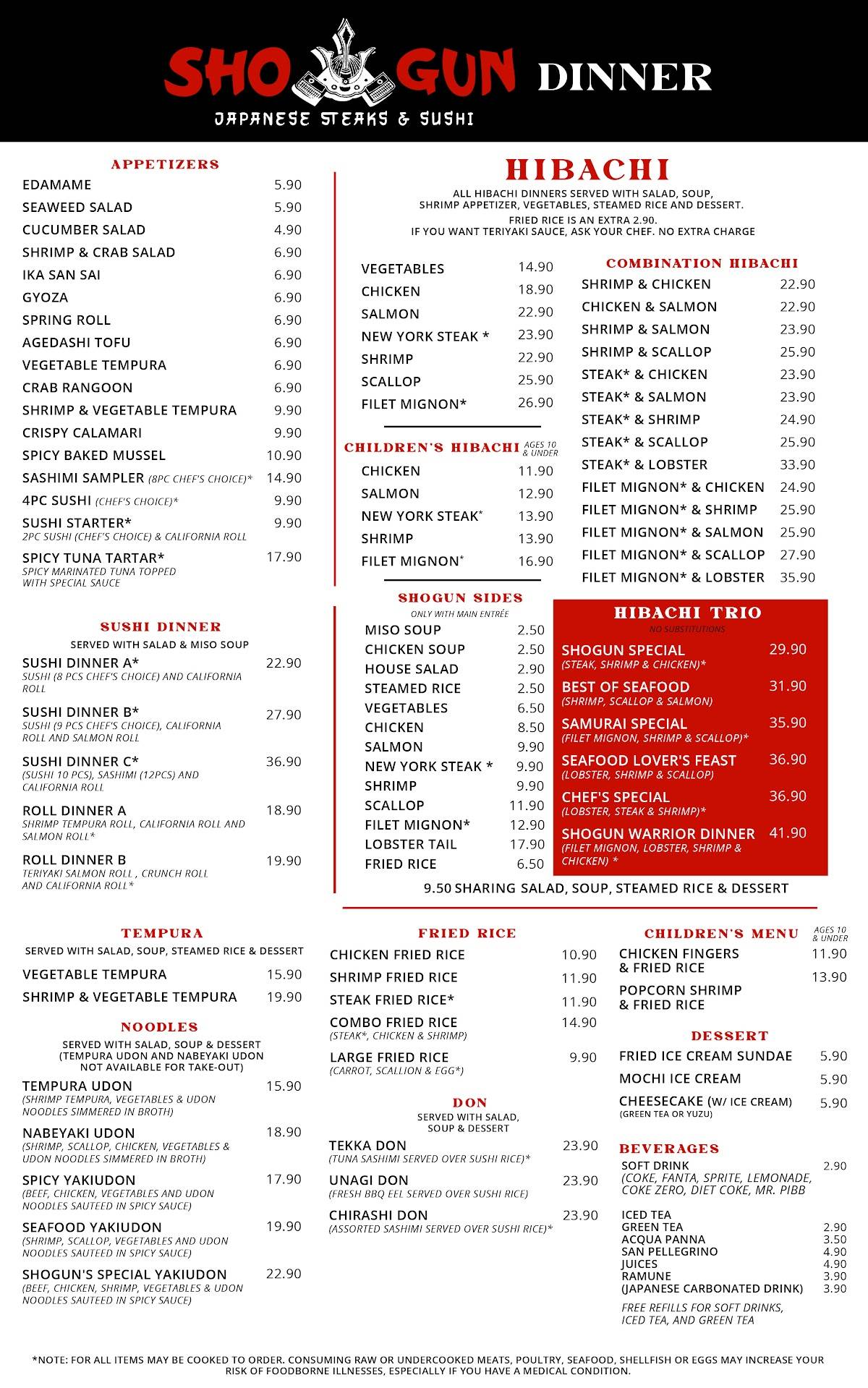 Menu at Shogun Japanese Steak House restaurant, Flowery Branch