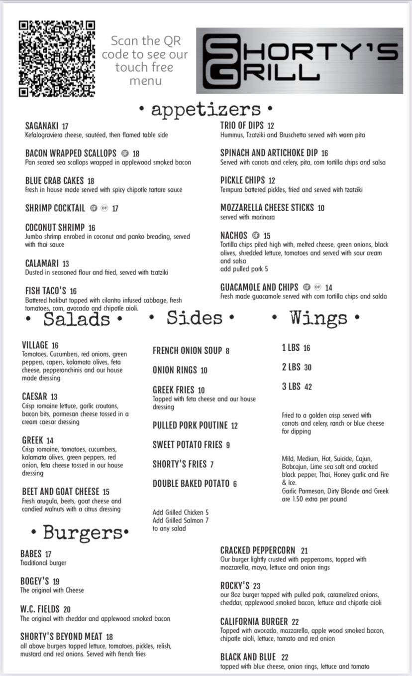 Menu at Shorty's Grill With Friends pub & bar, Owen Sound