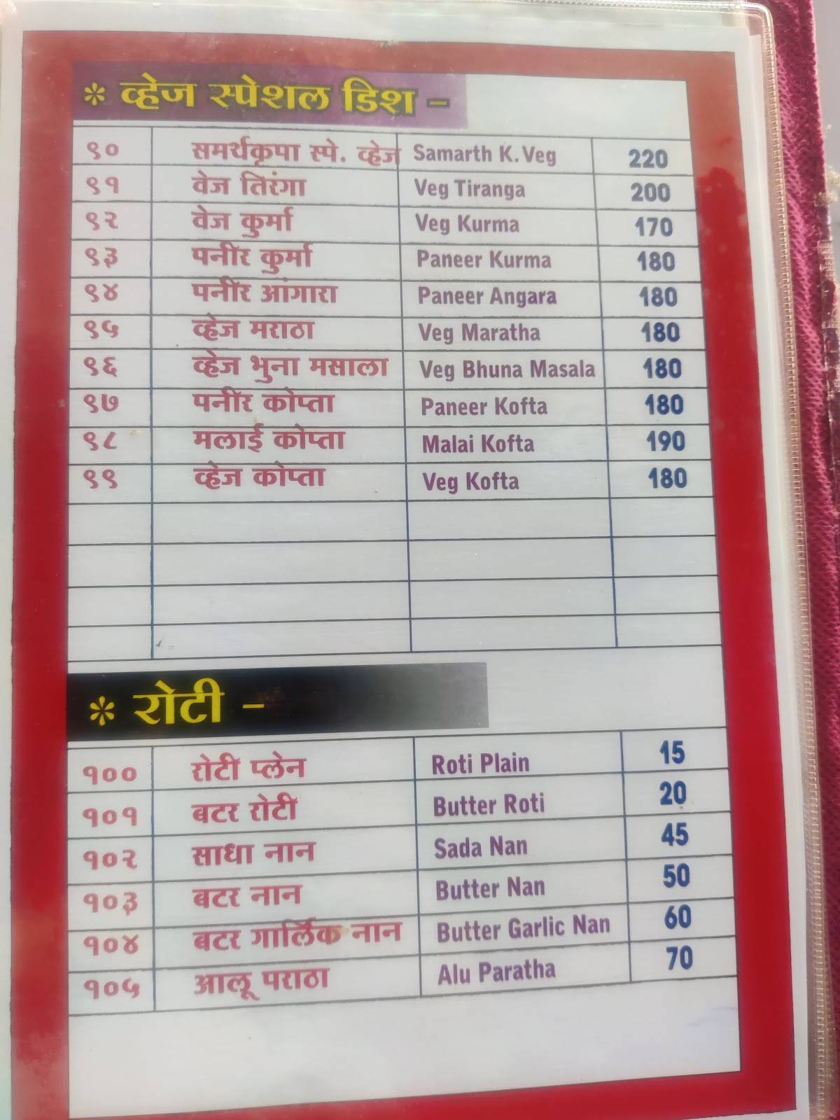 Menu at Shree Hotel Samarth Krupa, India, Kalyan Nagar Road