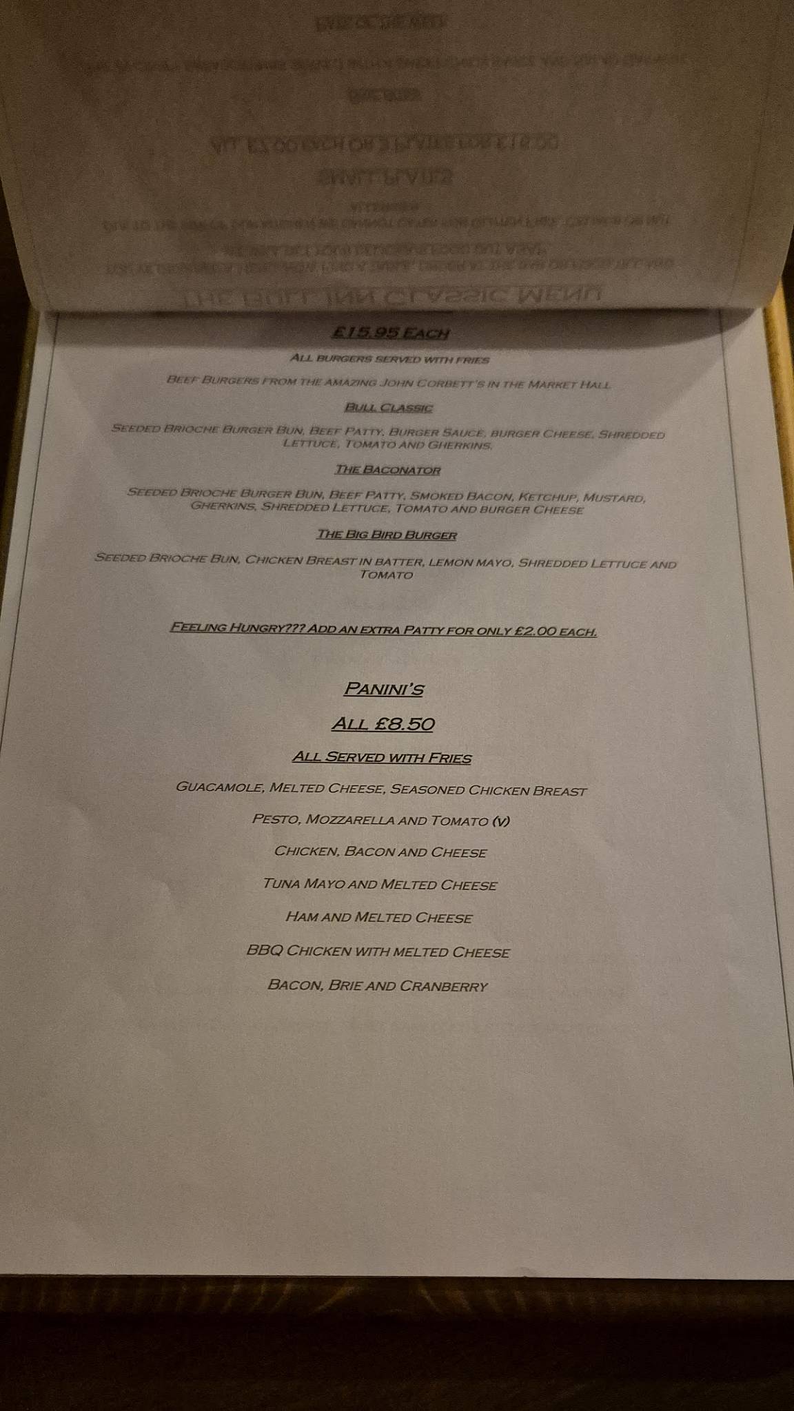 Menu at The Bull Inn pub & bar, Shrewsbury