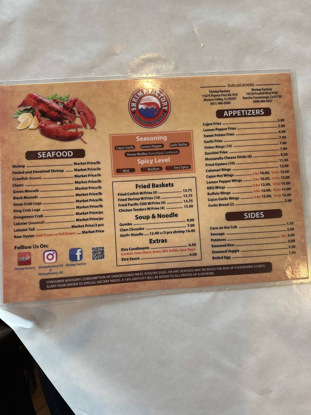 Menu at Shrimp Factory restaurant, Moreno Valley