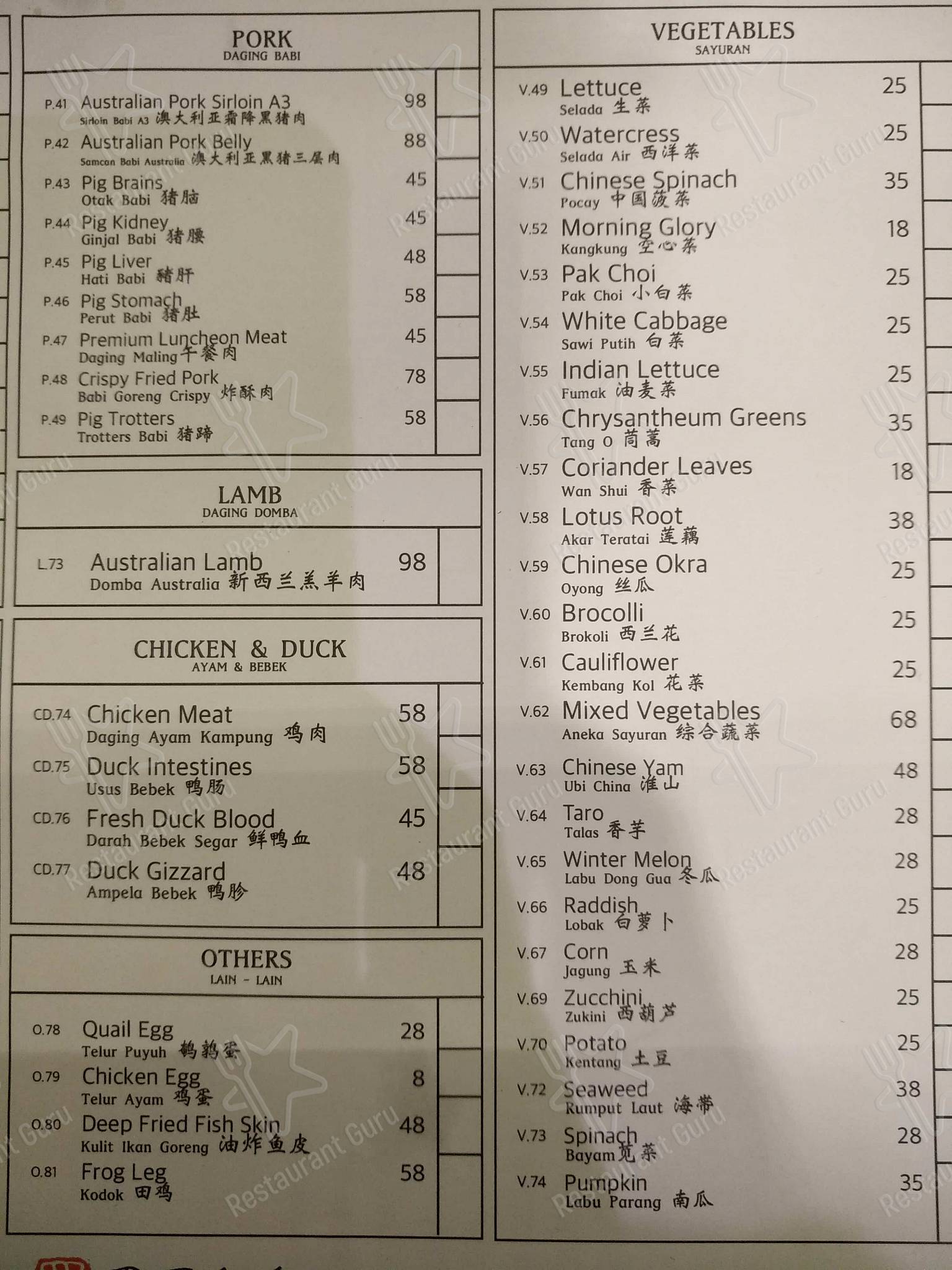 Menu at Shu Guo Yin Xiang (Lokasari) restaurant, West Jakarta, Komp THR ...