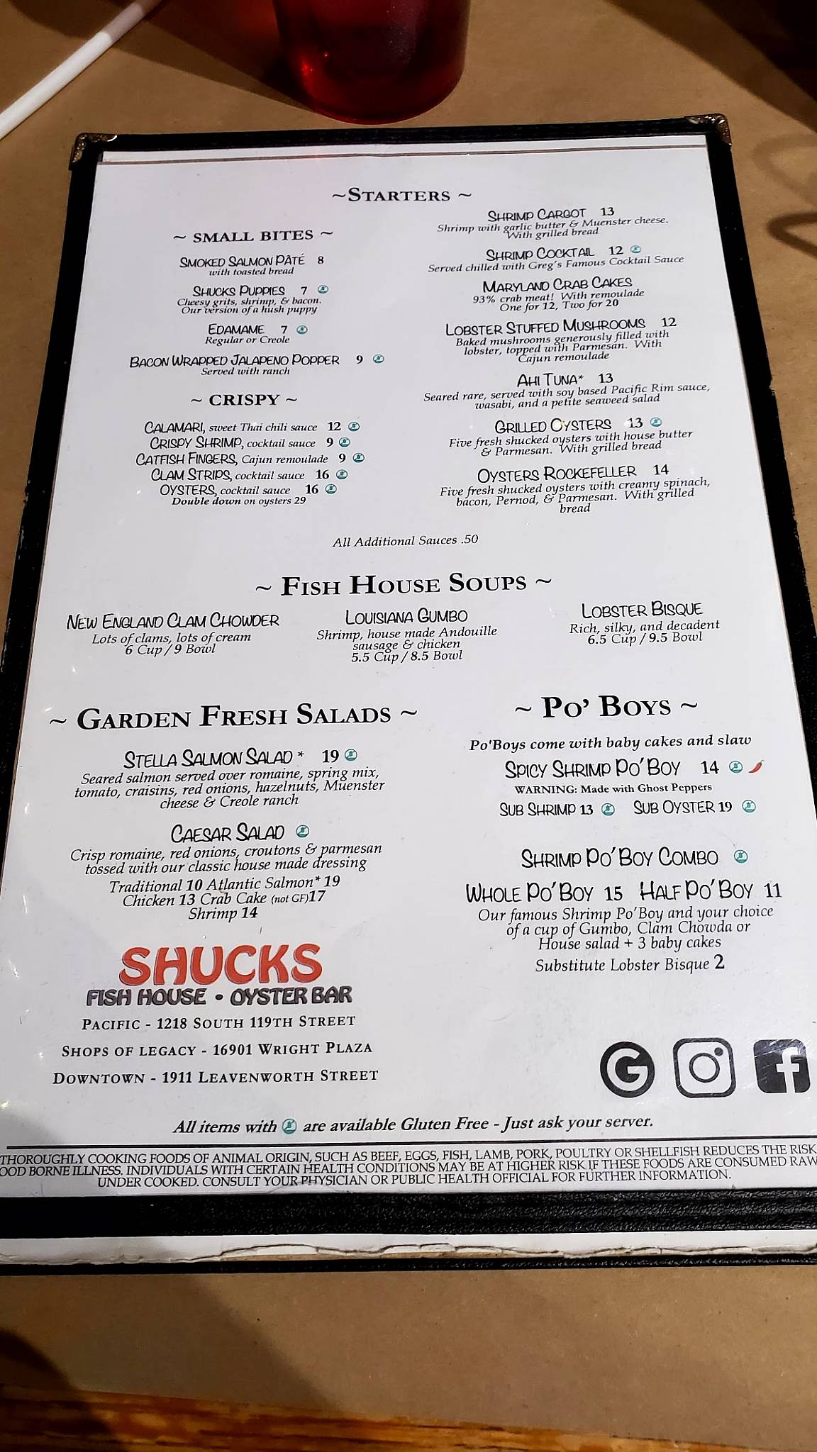 Menu at Shucks Fish House & Oyster Bar, Omaha, Leavenworth St