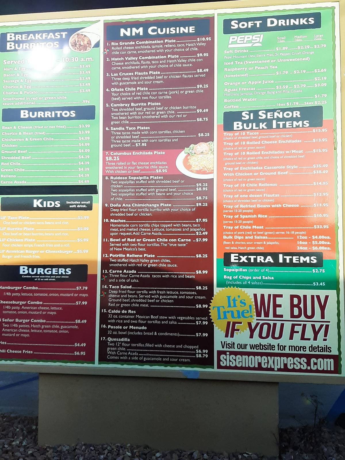 Menu at Si Señor Express restaurant, Las Cruces, 500 S Solano Dr