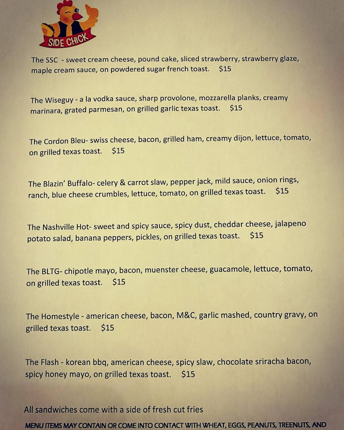Menu at Side Chick restaurant, Bethlehem