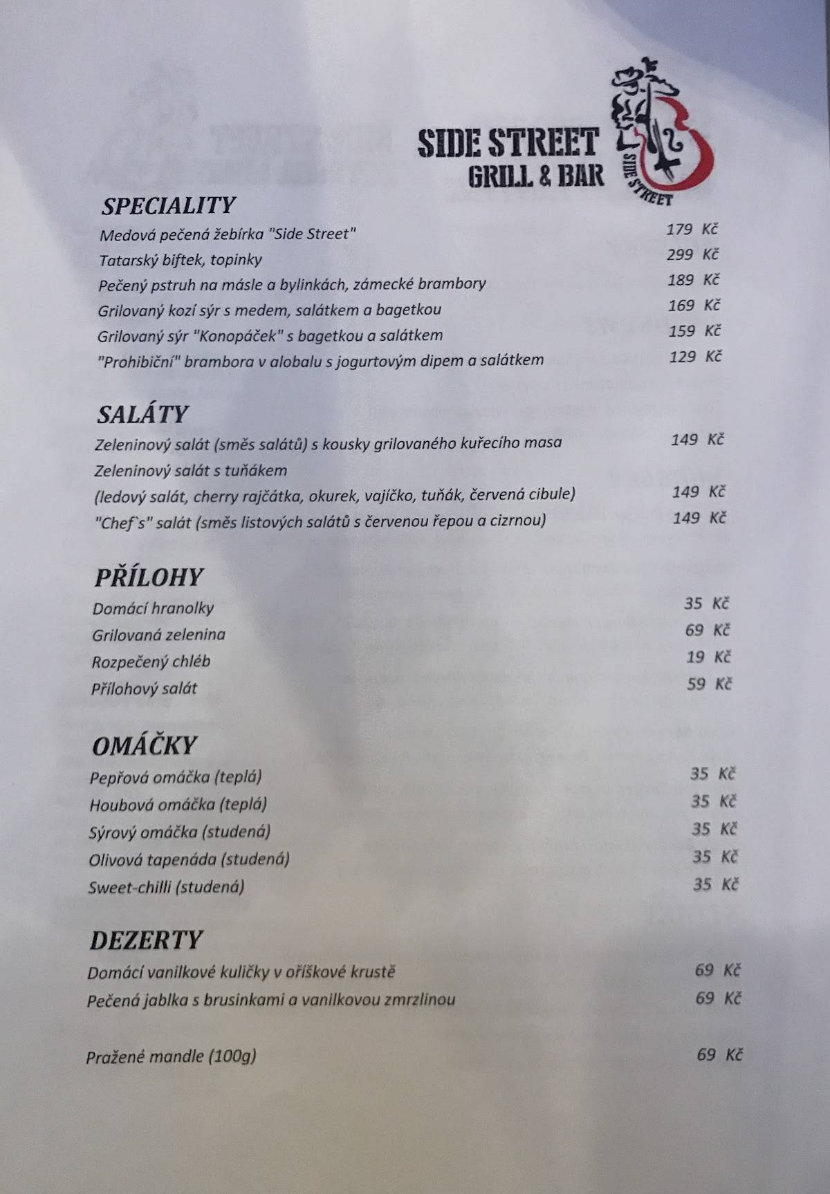 Menu at Side Street Bar & Grill, Steakhouse, Olomouc