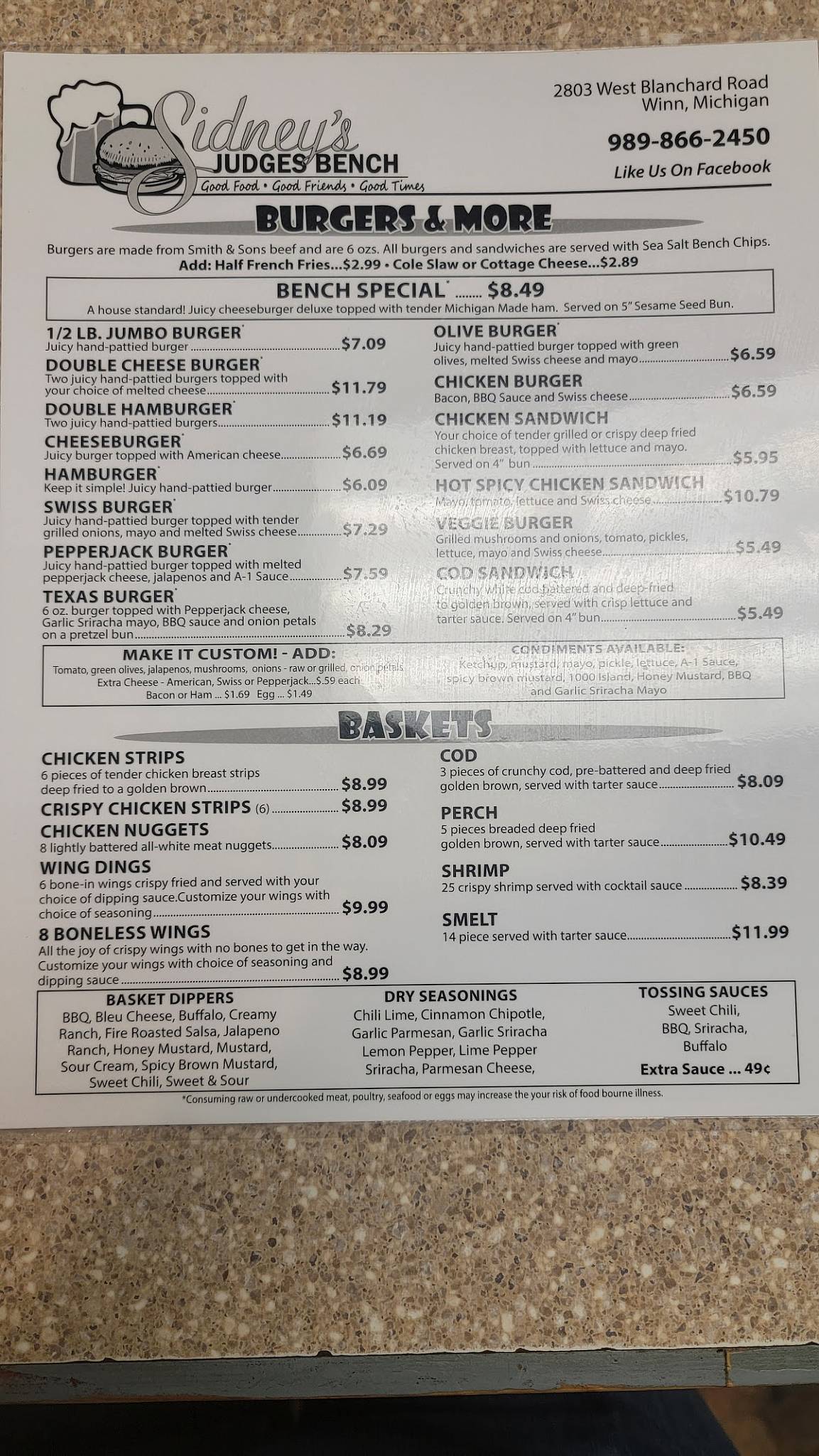 Menu at Sidney's Judges Bench pub & bar, USA