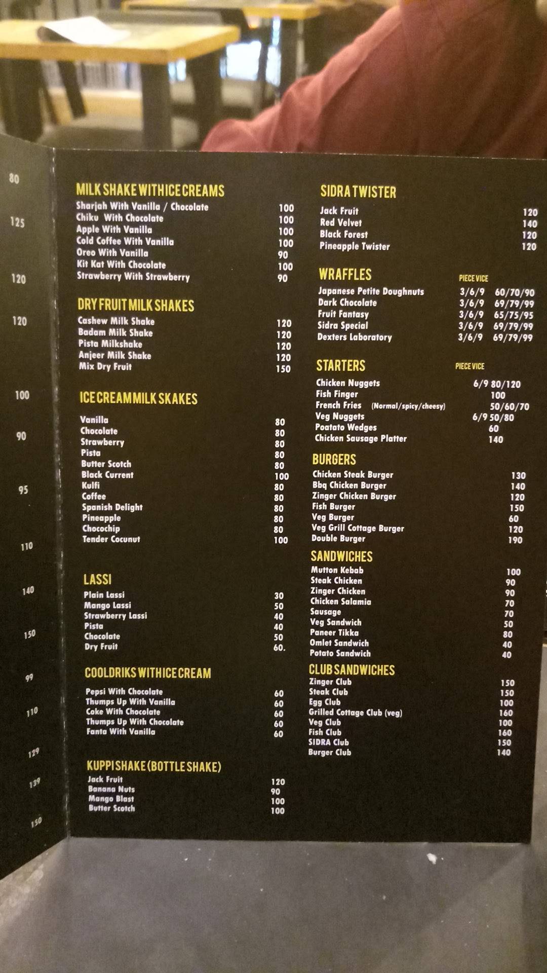 Menu at Sidra Eatery, Bengaluru
