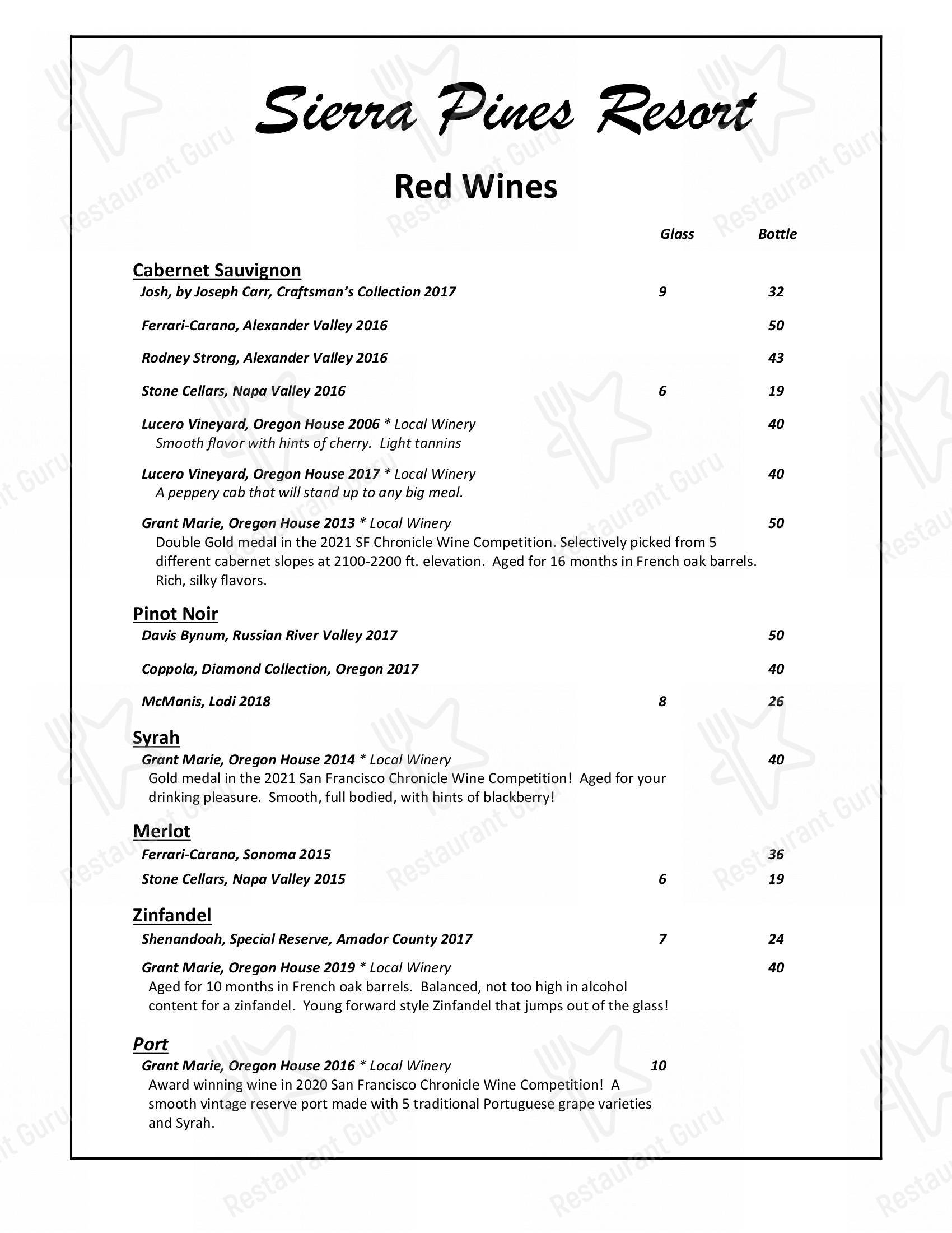 Menu at Sierra Pines Resort pub & bar, Sierra City