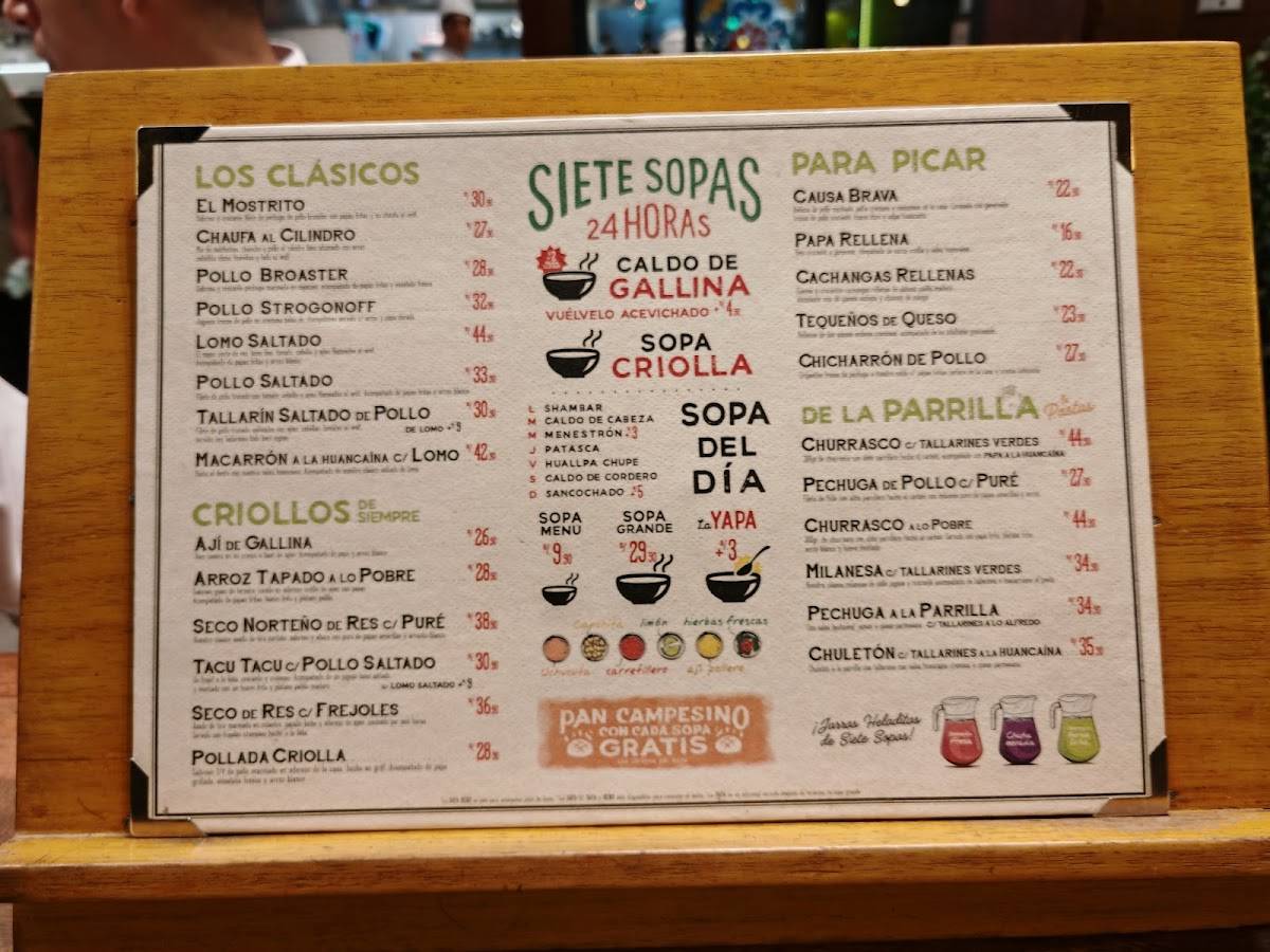 Carta del restaurante Siete Sopas, Miraflores