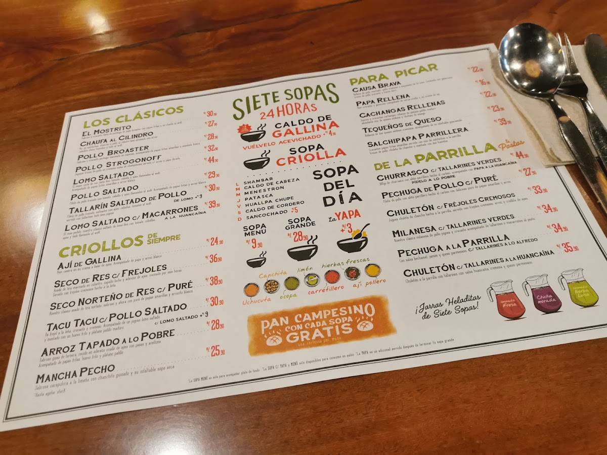 Menu at Siete Sopas Miraflores restaurant, Miraflores