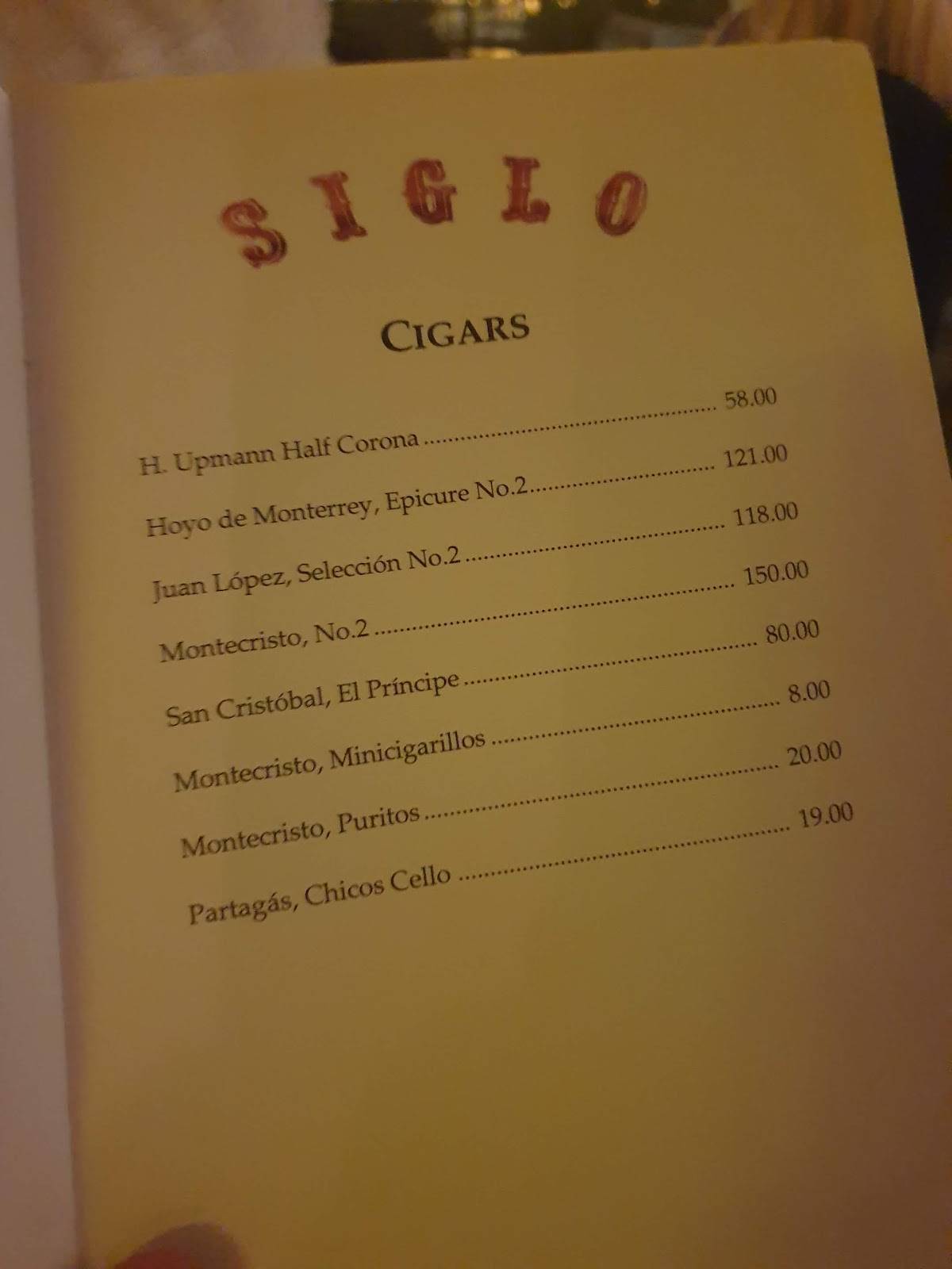 Menu at Siglo pub & bar, Melbourne