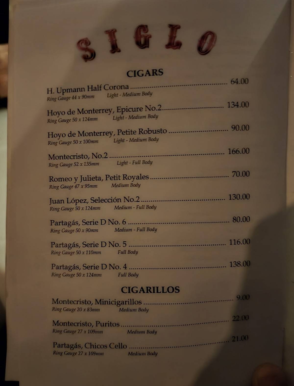 Menu at Siglo pub & bar, Melbourne